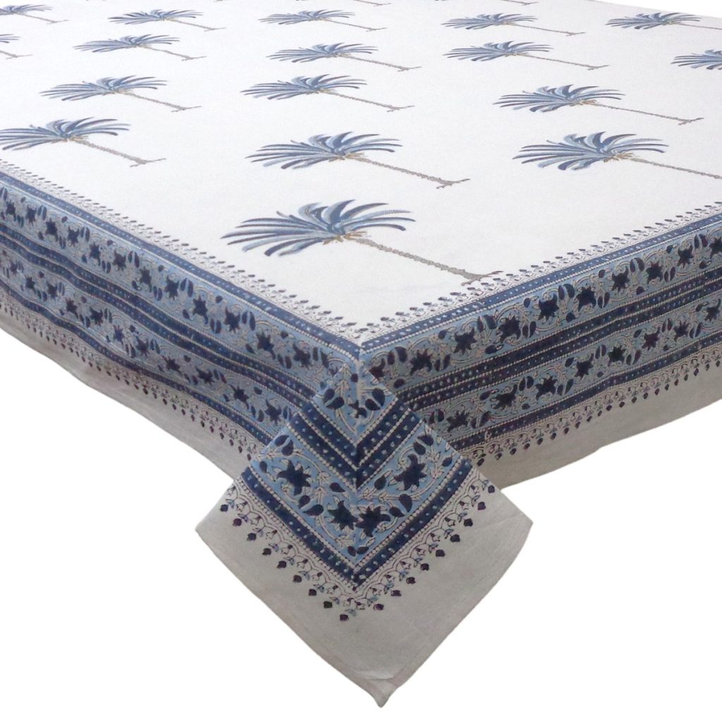 Hand Block Printed Cotton Tablecloth Palm Tree Blue
